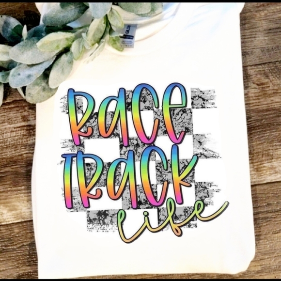 Gildan | Tops | Race Track Life Shirt Checkered Flag Colorful Cute ...